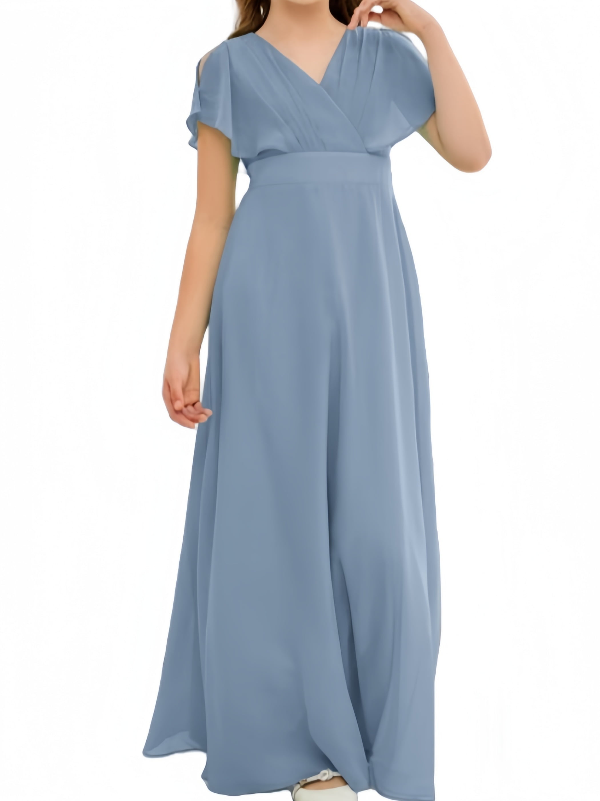 Chiffon Junior Bridesmaid Dress for Girls V-Neck Flower Girl Dress Formal Dresses -Slate Blue ...