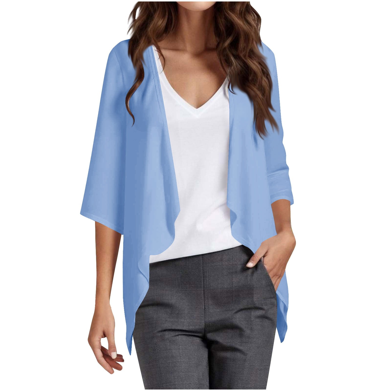 Chiffon Kimono Cardigan Women - 3/4 Sleeve Pleated Cuff Open Front ...
