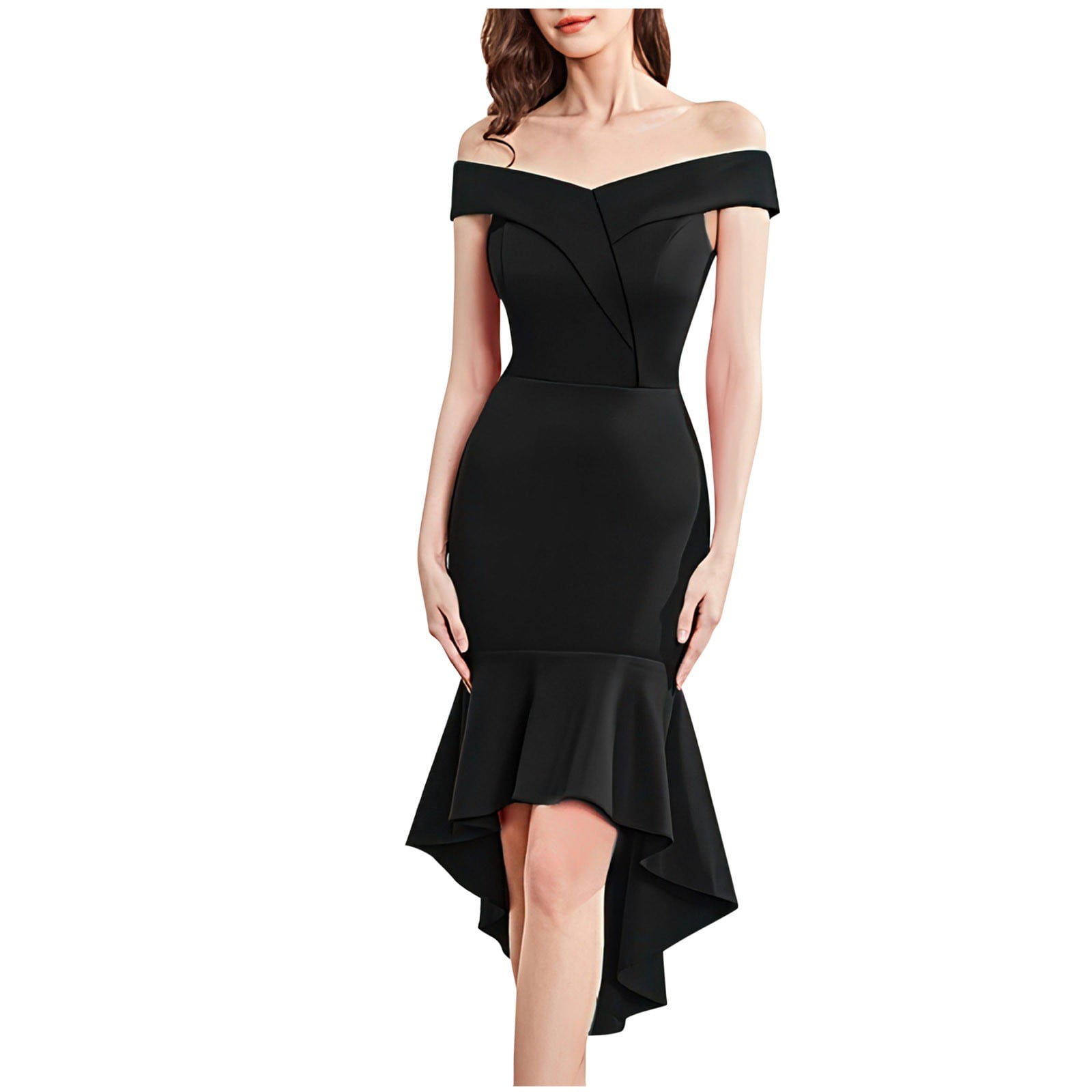 Chiffon Off Shoulder Dress for Women High-Low Hem Ruffle Swing Wedding ...