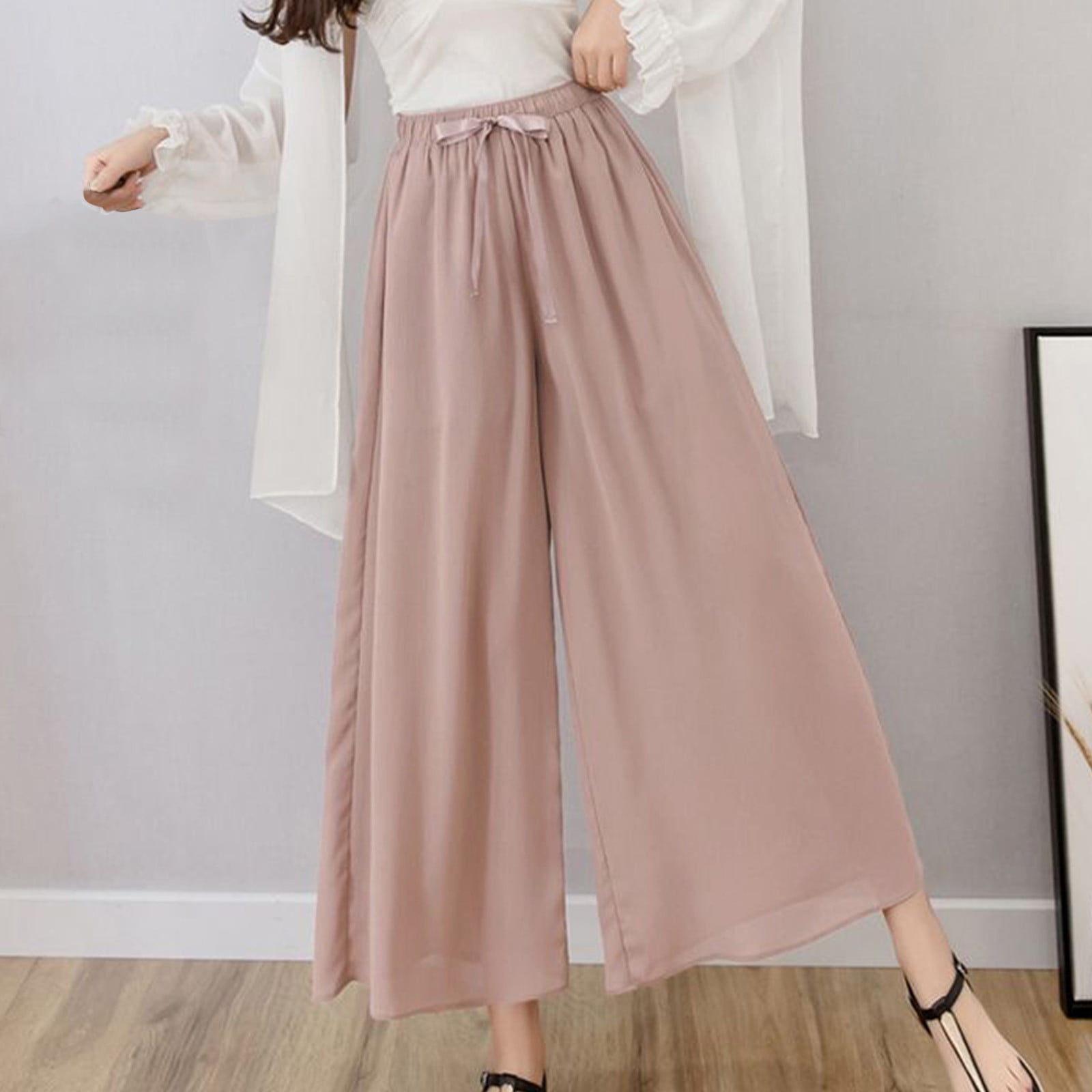 Chiffon Pants for Women Wide Leg Plus Size Lace Up Hight Waist Trousers ...