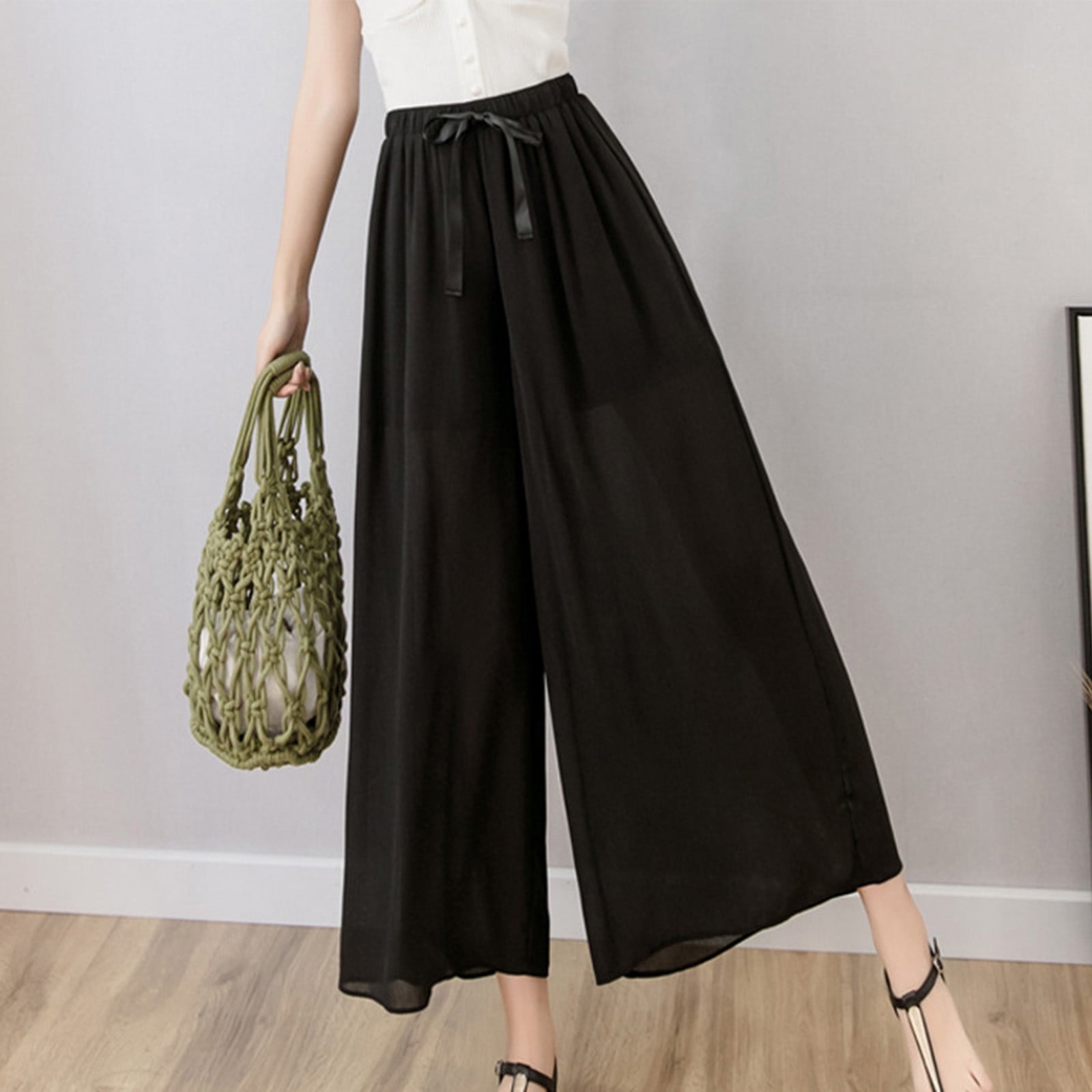 Chiffon Pants for Women Wide Leg Plus Size Lace Up Hight Waist Trousers ...