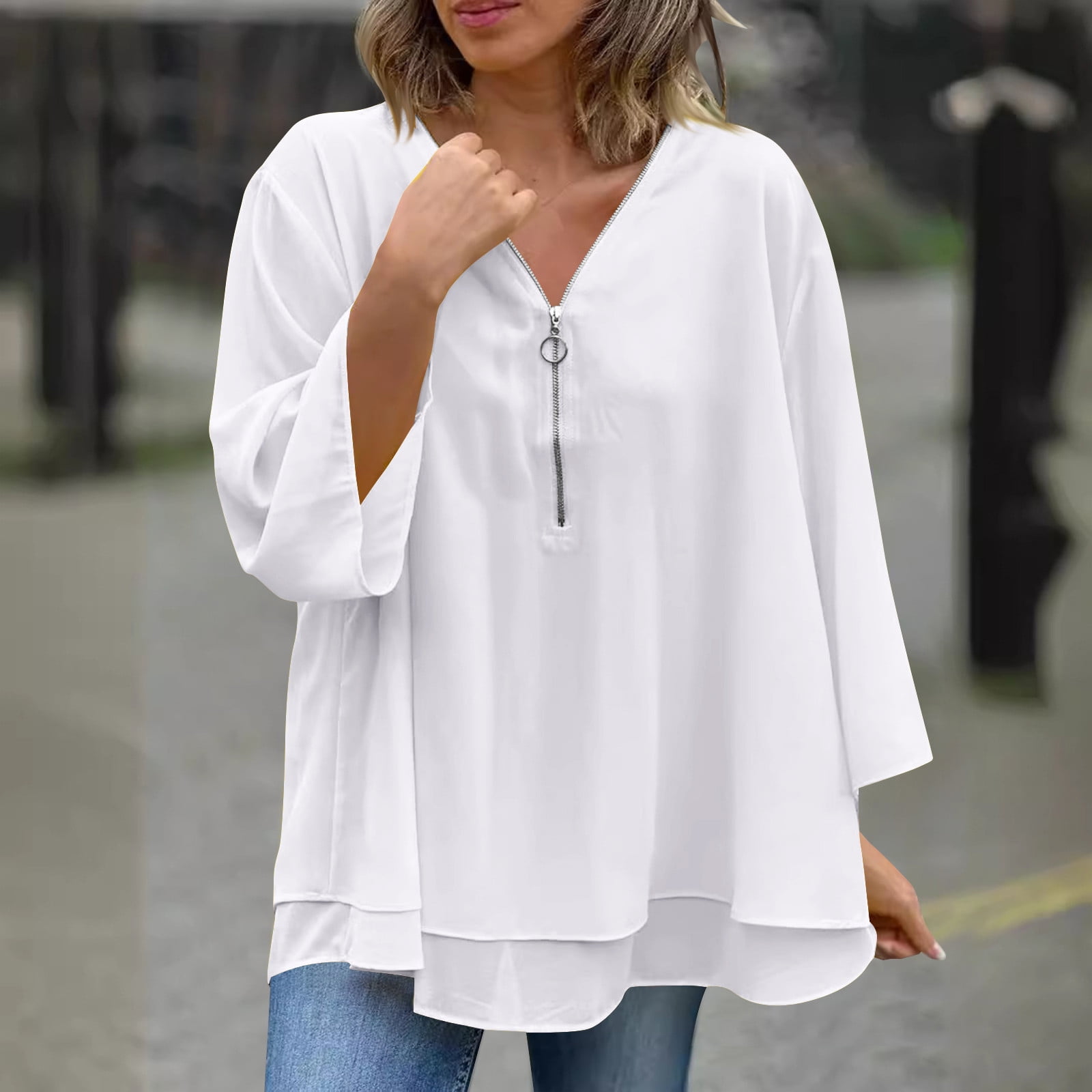 Chiffon Shirts for Women Plus Size S-5X Half Zipper V Neck Long Sleeve ...