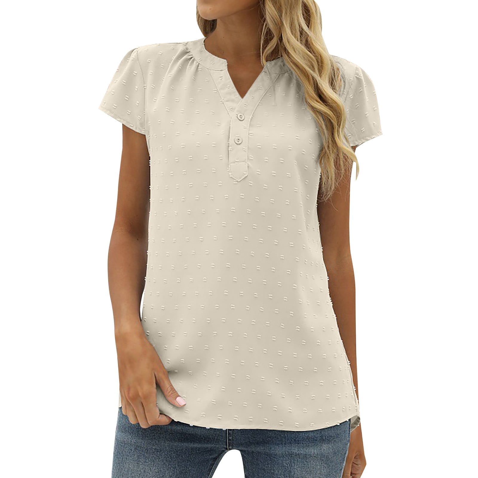 Chiffon Tops For Women Cute Cap Sleeve Dot Print Button Down V Neck ...