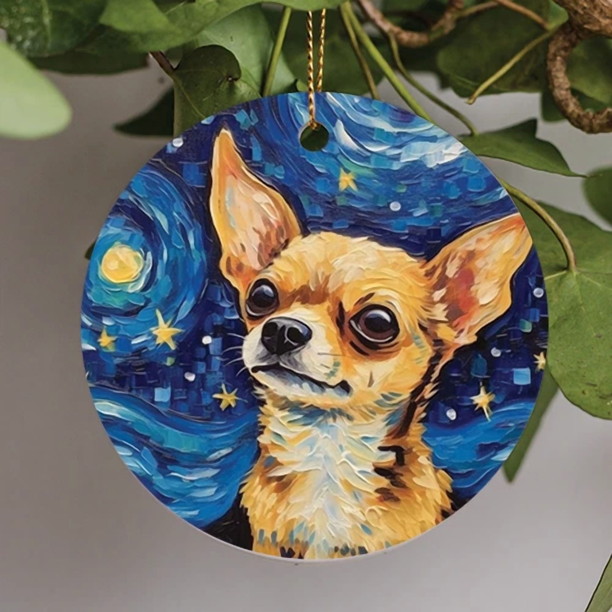 Chihuahua Dog Starry Night Art Van Gogh Inspired 2D FLAT CIRCLE Ceramic ...