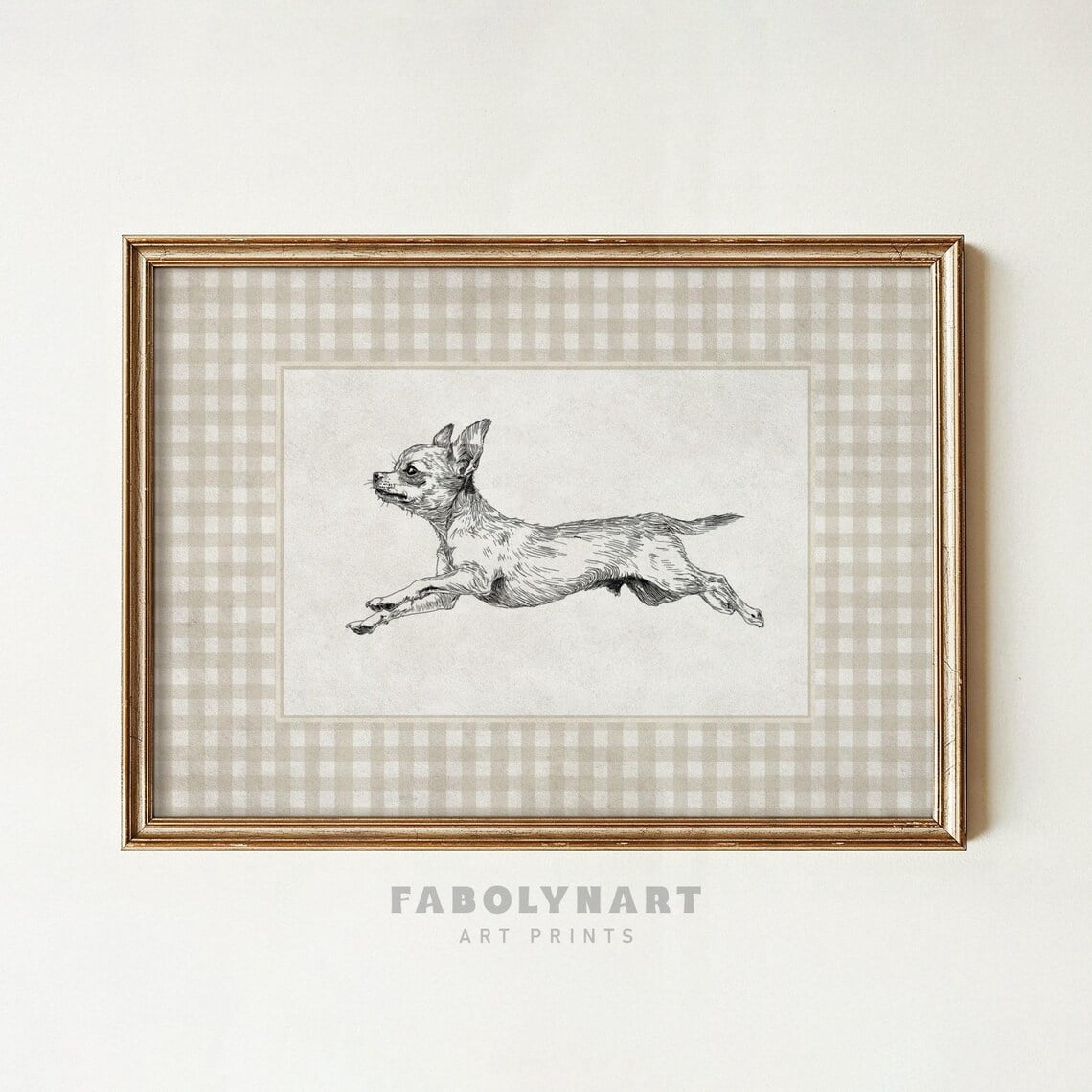 Chihuahua With Zoomies Wall Art Gingham Running Dog Sketch Vintage Dog ...