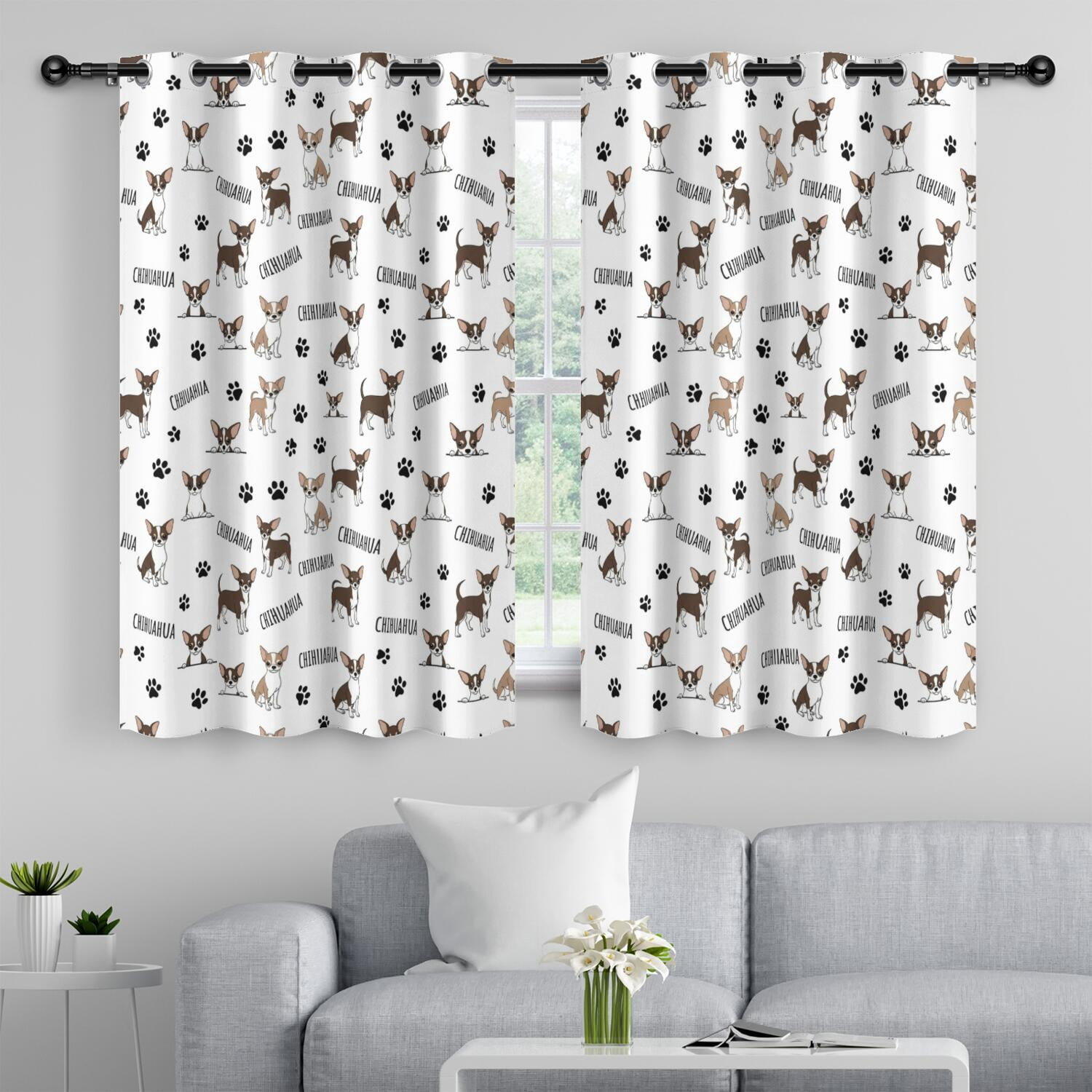 Chihuahua and Dog Paw Print Blackout Curtains,Triple Weaved Fabric ...