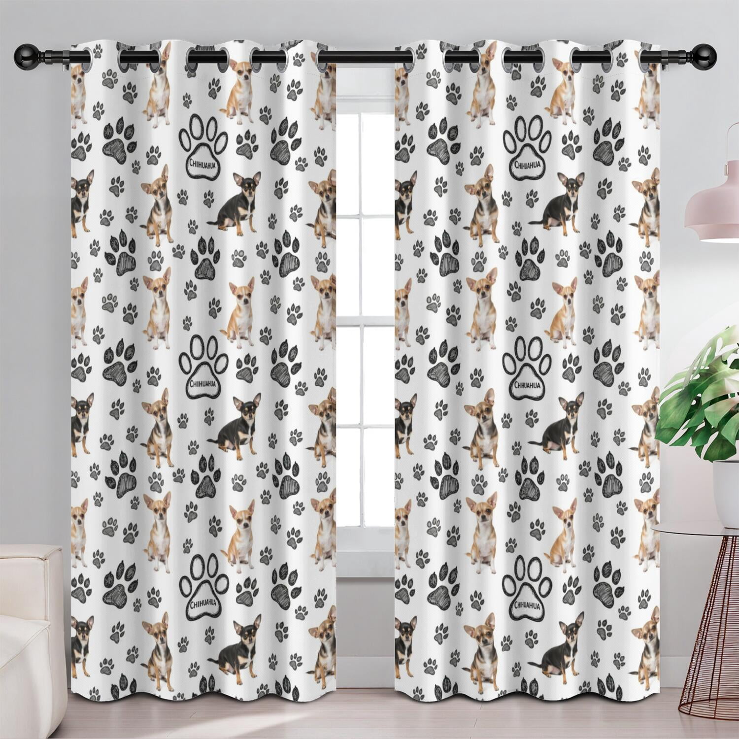 Chihuahua and Dog Paw Print Blackout Curtains,Triple Weaved Fabric ...