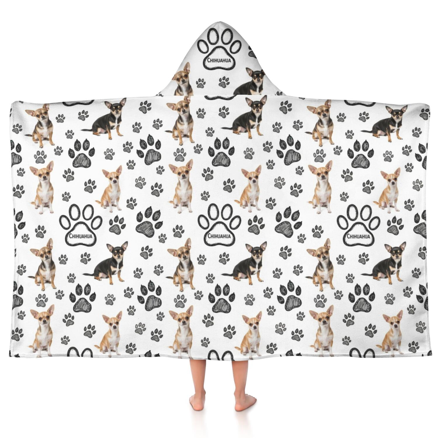 Chihuahua and Dog Paw Print Teens Hooded Bath Towel Wrap for Ages 3 To ...