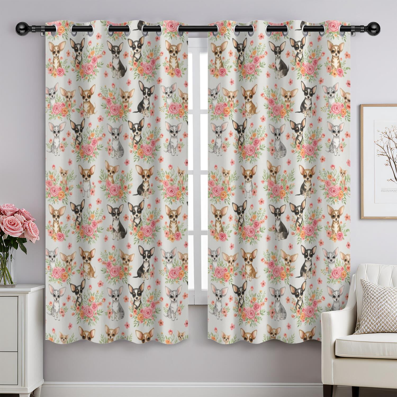 Chihuahua and Floral Beige Pattern Blackout Curtains,Triple Weaved ...