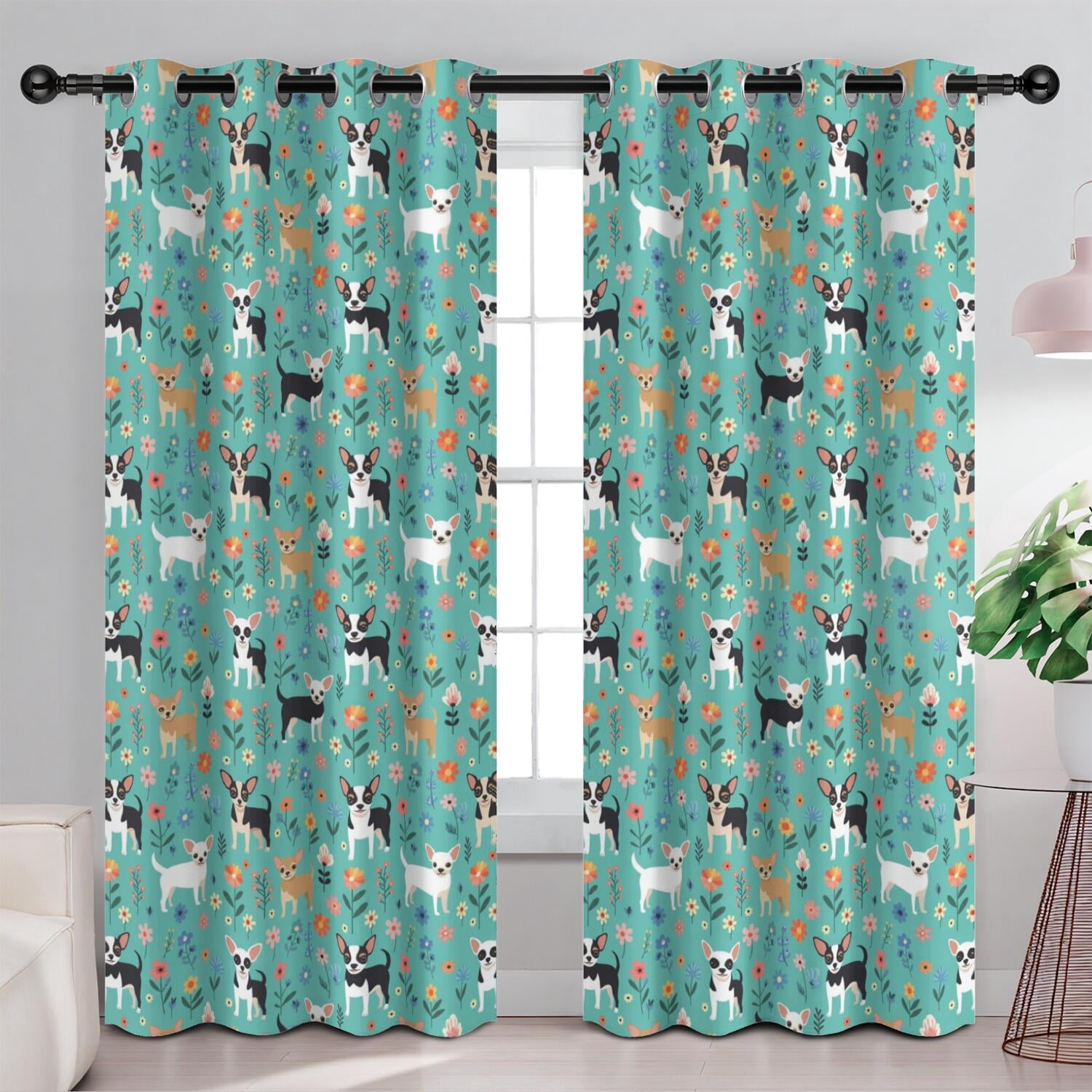 Chihuahua and Floral Blue Pattern Blackout Curtains,Triple Weaved ...