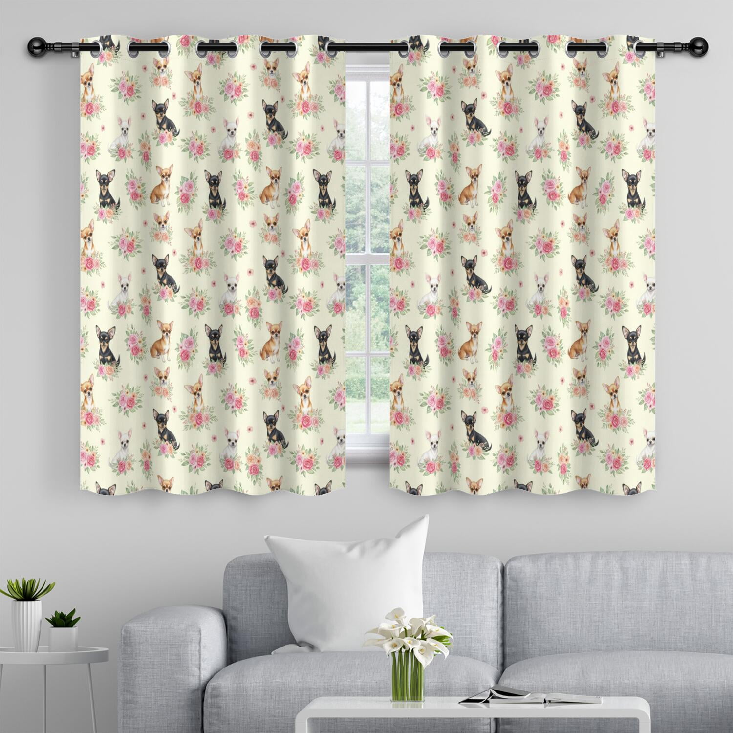 Chihuahua and Floral Yellow Pattern Blackout Curtains,Triple Weaved ...