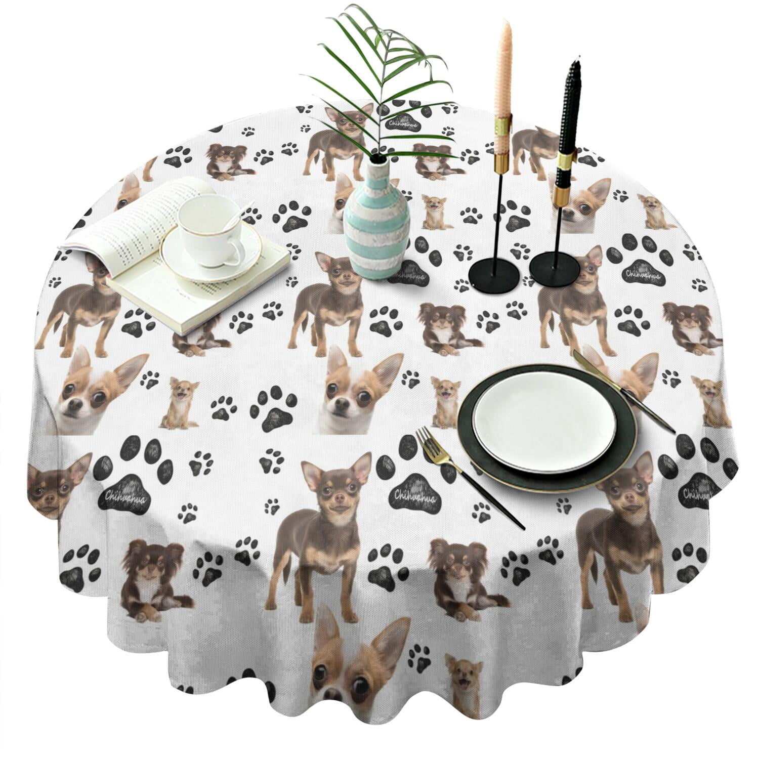 Chihuahua and Footprints Round Tablecloth 60"x60",Wrinkle Wipeable ...