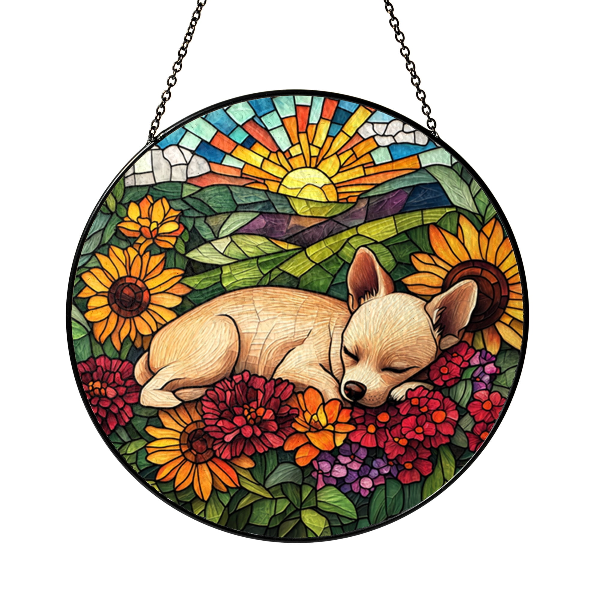 Chihuahua in wildflower garden acrylic suncatcher, botanical window ...