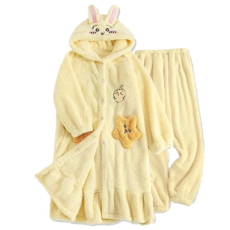Chiikawa Coral Velvet Pajama Women'S Autumn And Winter New Cute Hooded ...