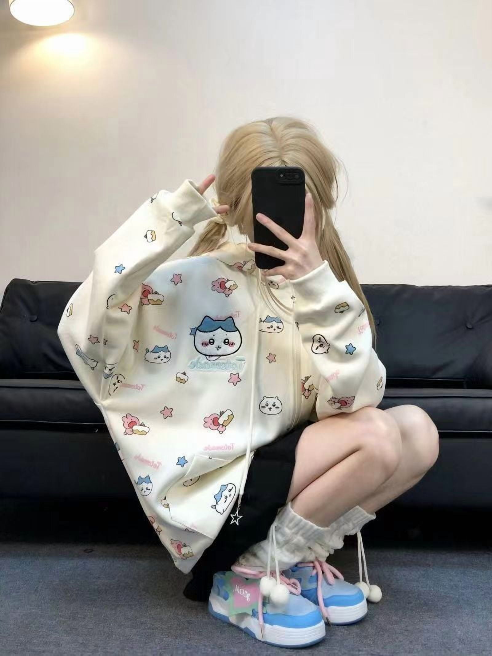 Chiikawa Cute Hachiware Cartoon Full Printed Hooded Sweatshirt Cardigan ...