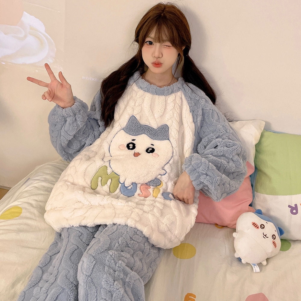 Chiikawa Hachiware Autumn/Winter Coral Velvet Pajamas Thick Warm Loose ...