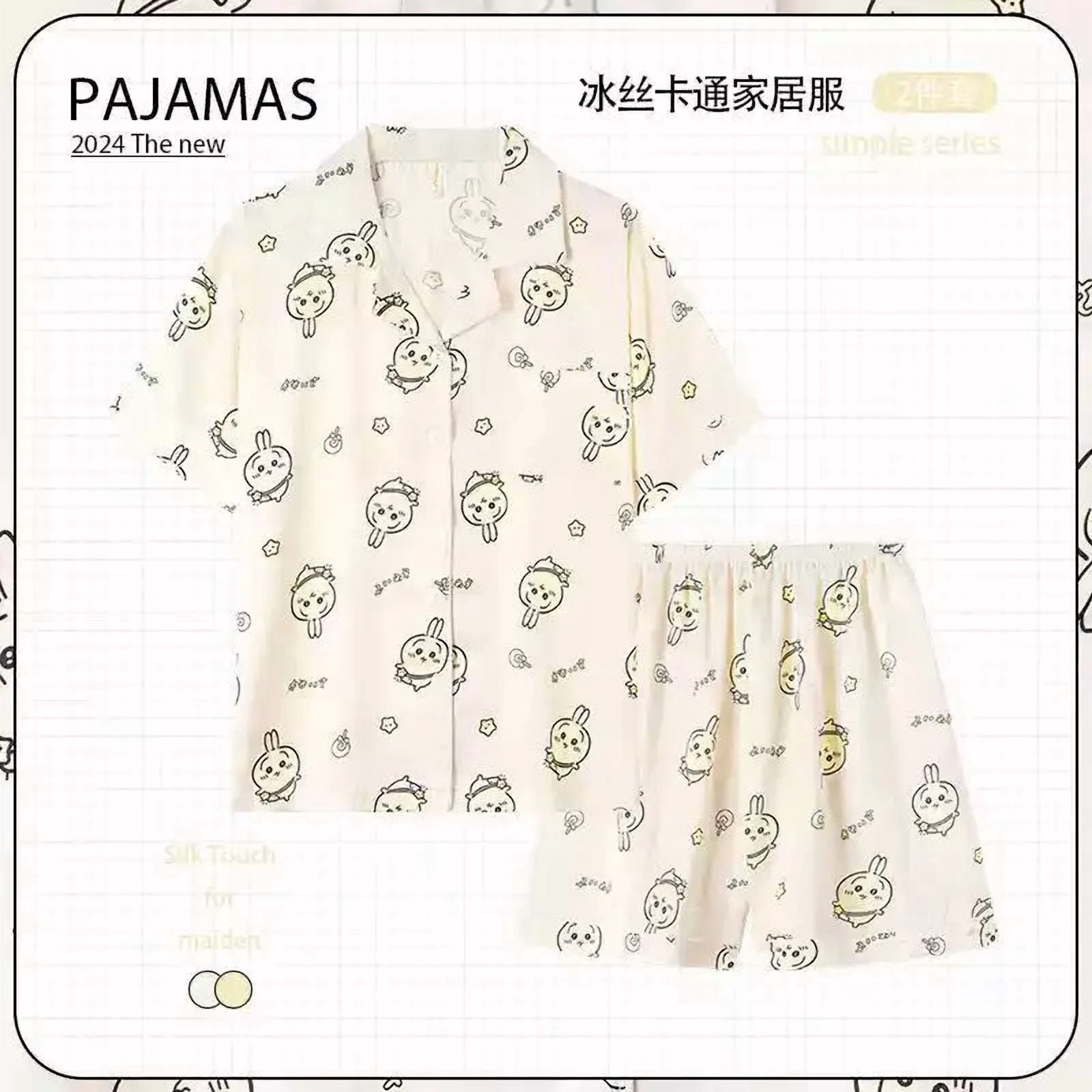 Chiikawa Ice Silk Pajama Set Cute Cartoon Print Short Sleeve Top and ...