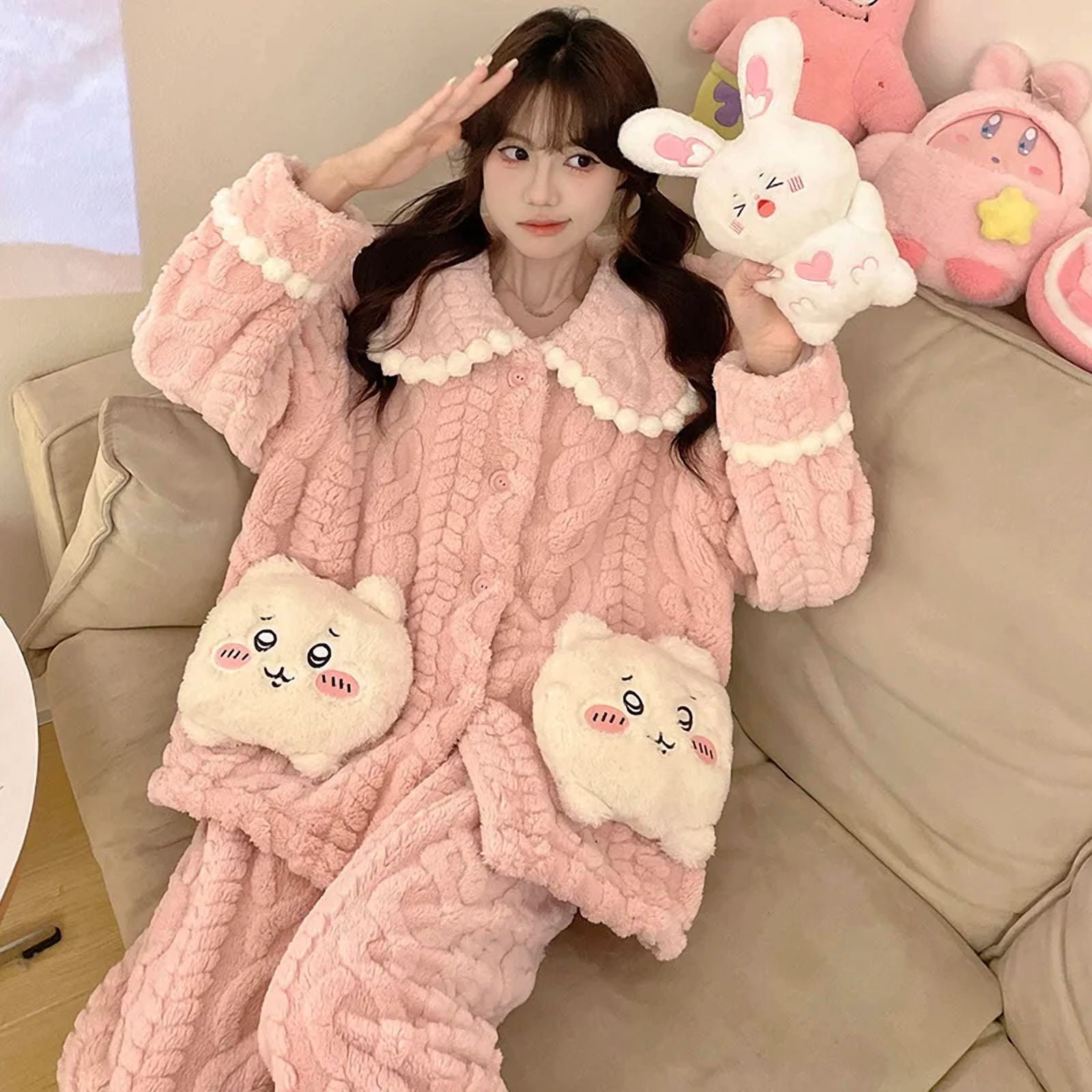 Chiikawa USAGI Long-sleeved Padded Pyjama Set Hachiware Plush Women ...