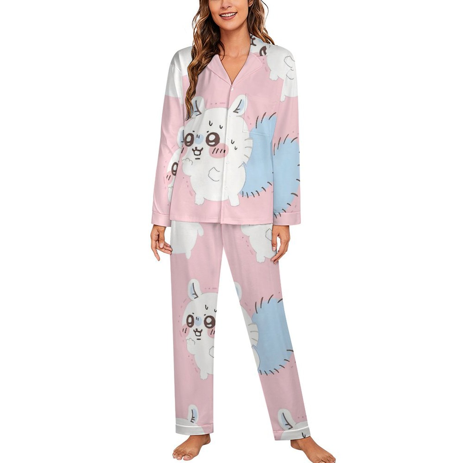 Chiikawa Women's Long Sleeve Cuban Tie Pocket Pajama Set L - Walmart.com