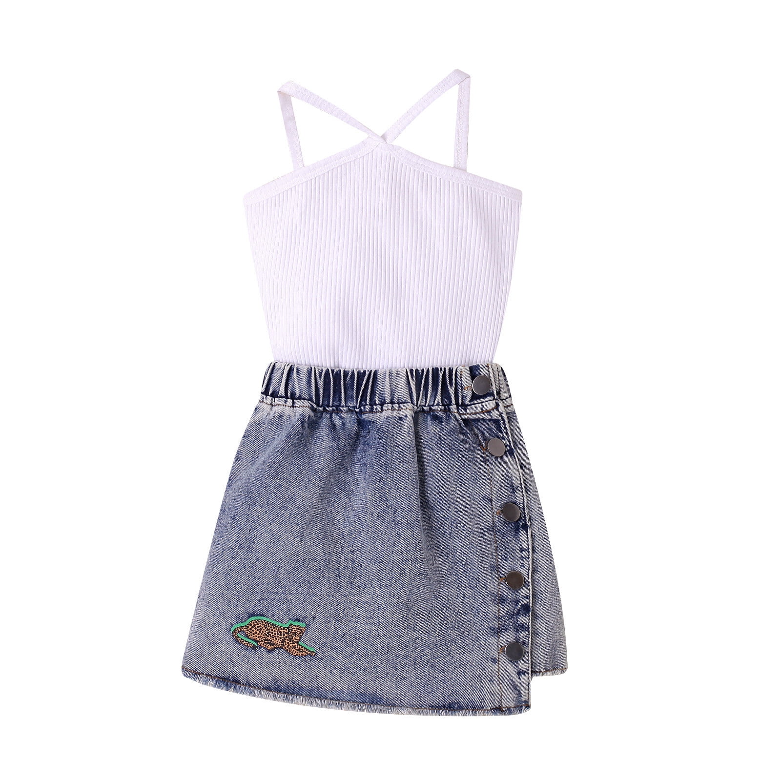 Child Baby Girls Summer Set Sleeveless Ribbed Vest Tops Cartoon Print ...