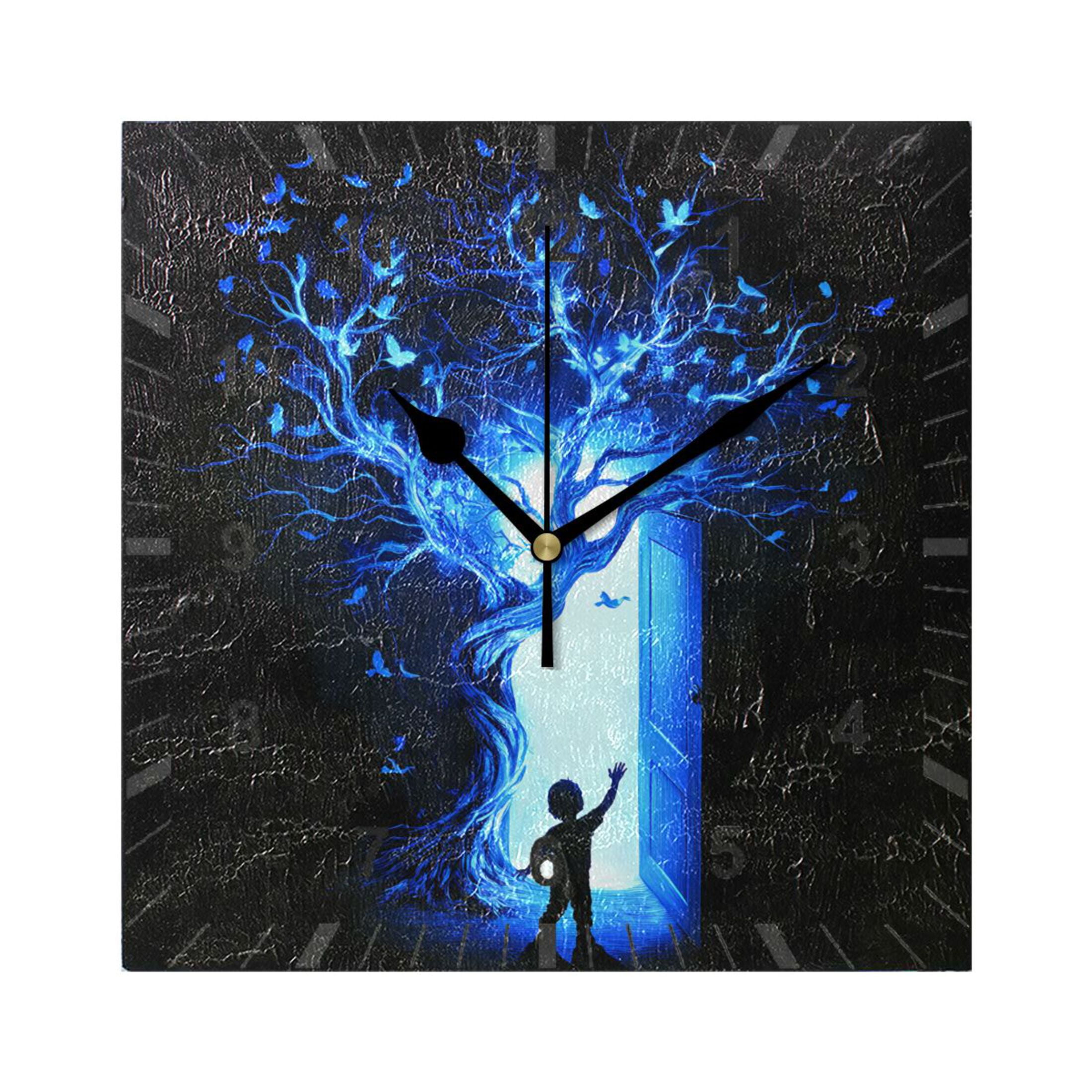 Child Blue Tree Door Wall Clock Battery Operated Silent Non-Ticking ...