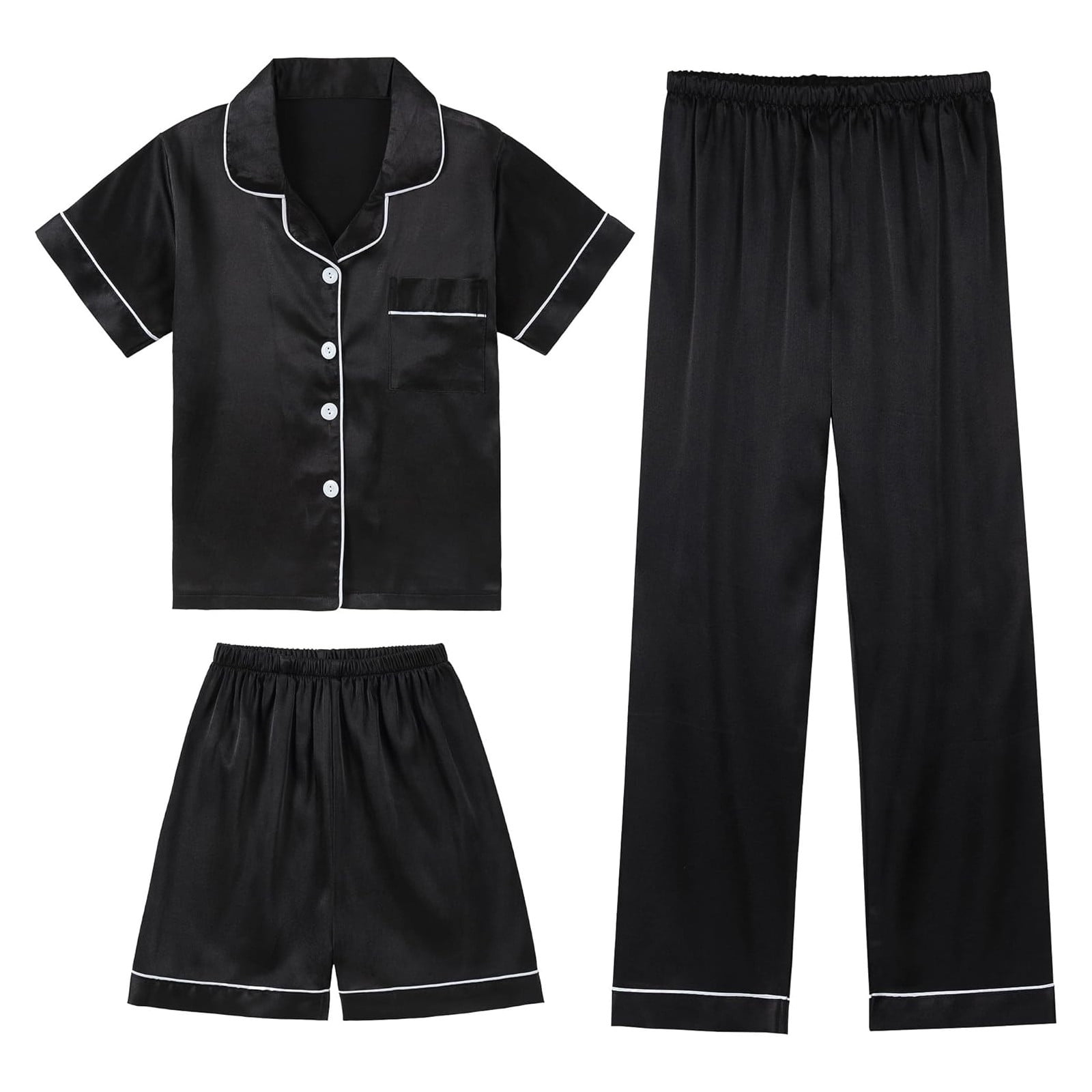 Kids Silk Pajamas Girls Boys 3 Piece Short Sleeve Button-Down Nightwear ...
