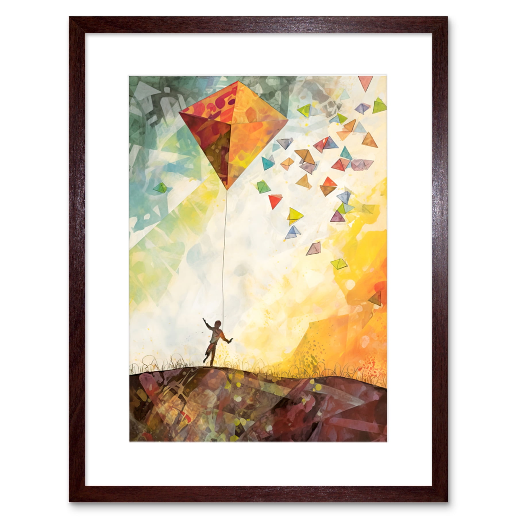 Child Flying Big Kite in Rainbow Colour Sunset Sky Artwork Framed Wall ...