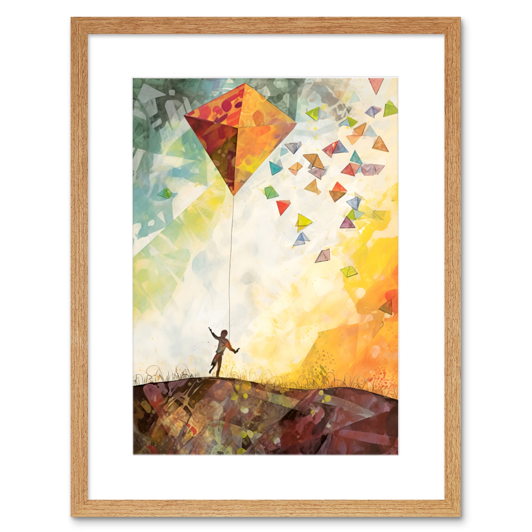 Child Flying Big Kite in Rainbow Colour Sunset Sky Artwork Framed Wall ...