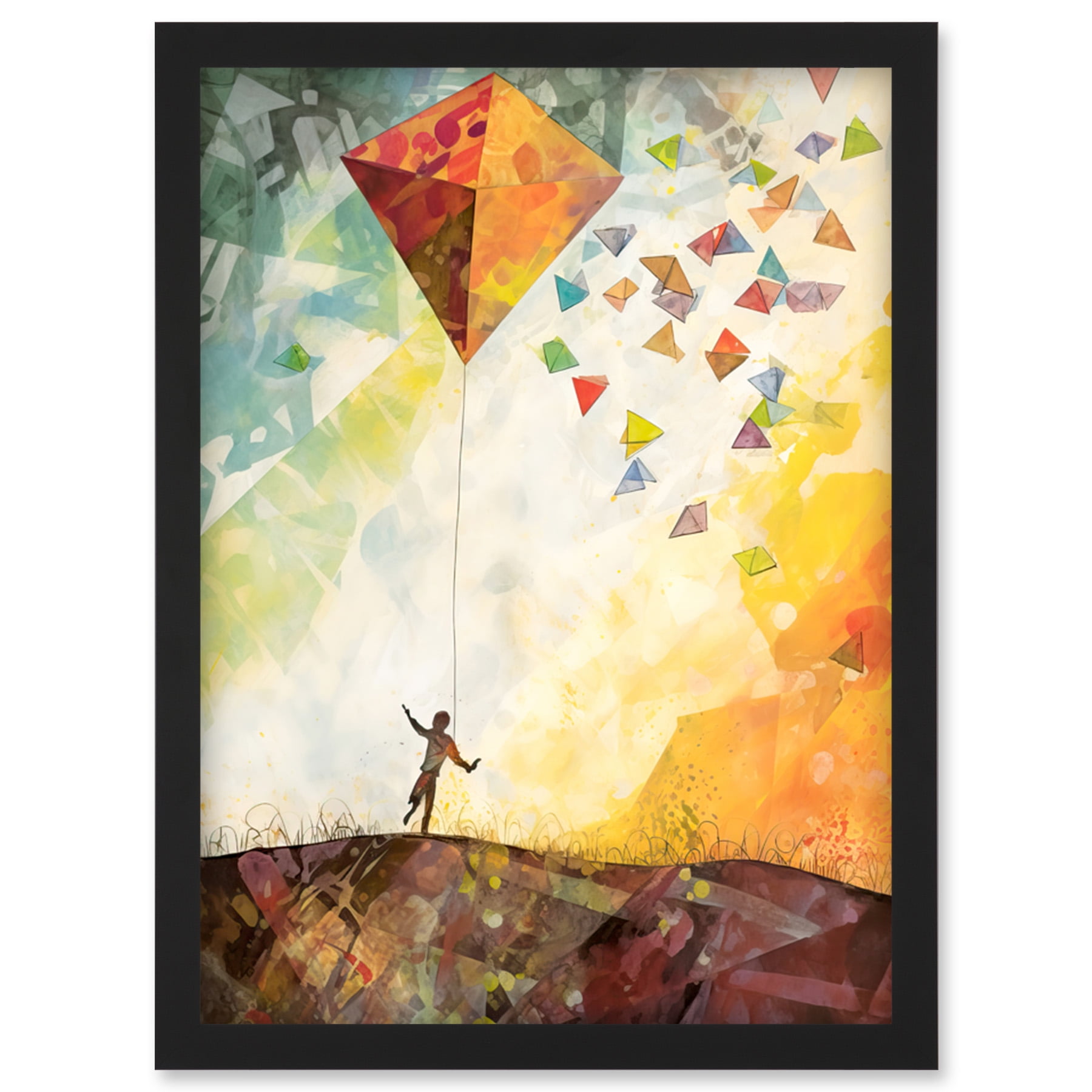 Child Flying Big Kite in Rainbow Colour Sunset Sky Artwork Framed Wall ...