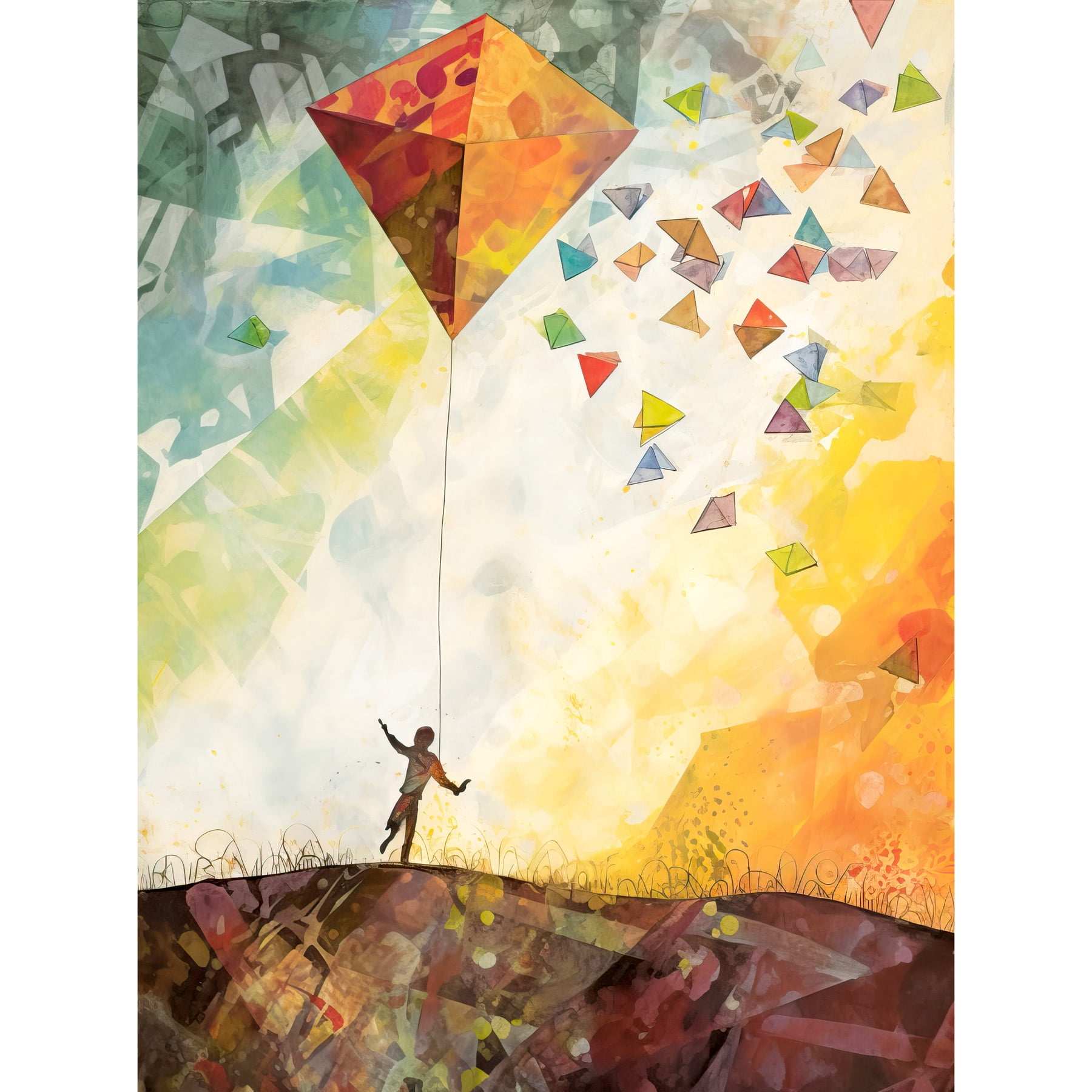 Child Flying Big Kite in Rainbow Colour Sunset Sky Unframed Wall Art ...