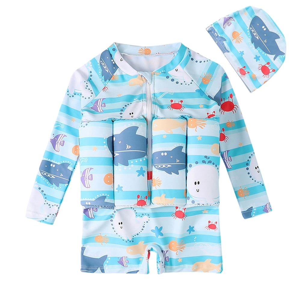Child Girl Boy Short Sleeve One Piece Floation Swimsuit+Cap Buoyancy ...