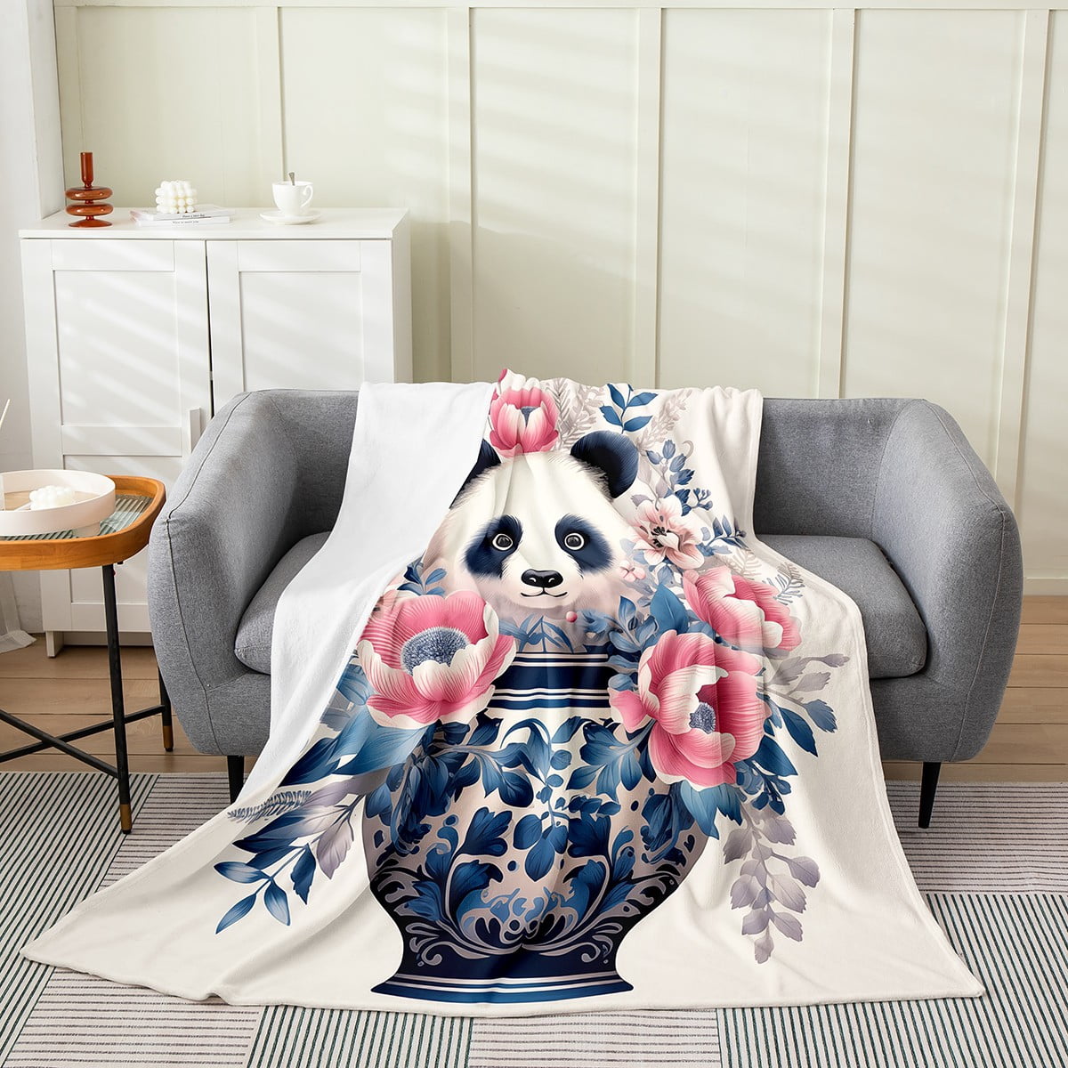 Child Kawaii Panda Throw Blanket Cute White Black Bear Fleece Blanket ...