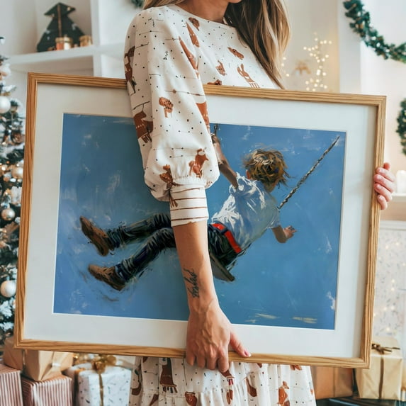 Child On Swing Poster Wall Art, Whimsical Impressionistic With Sky Blue ...