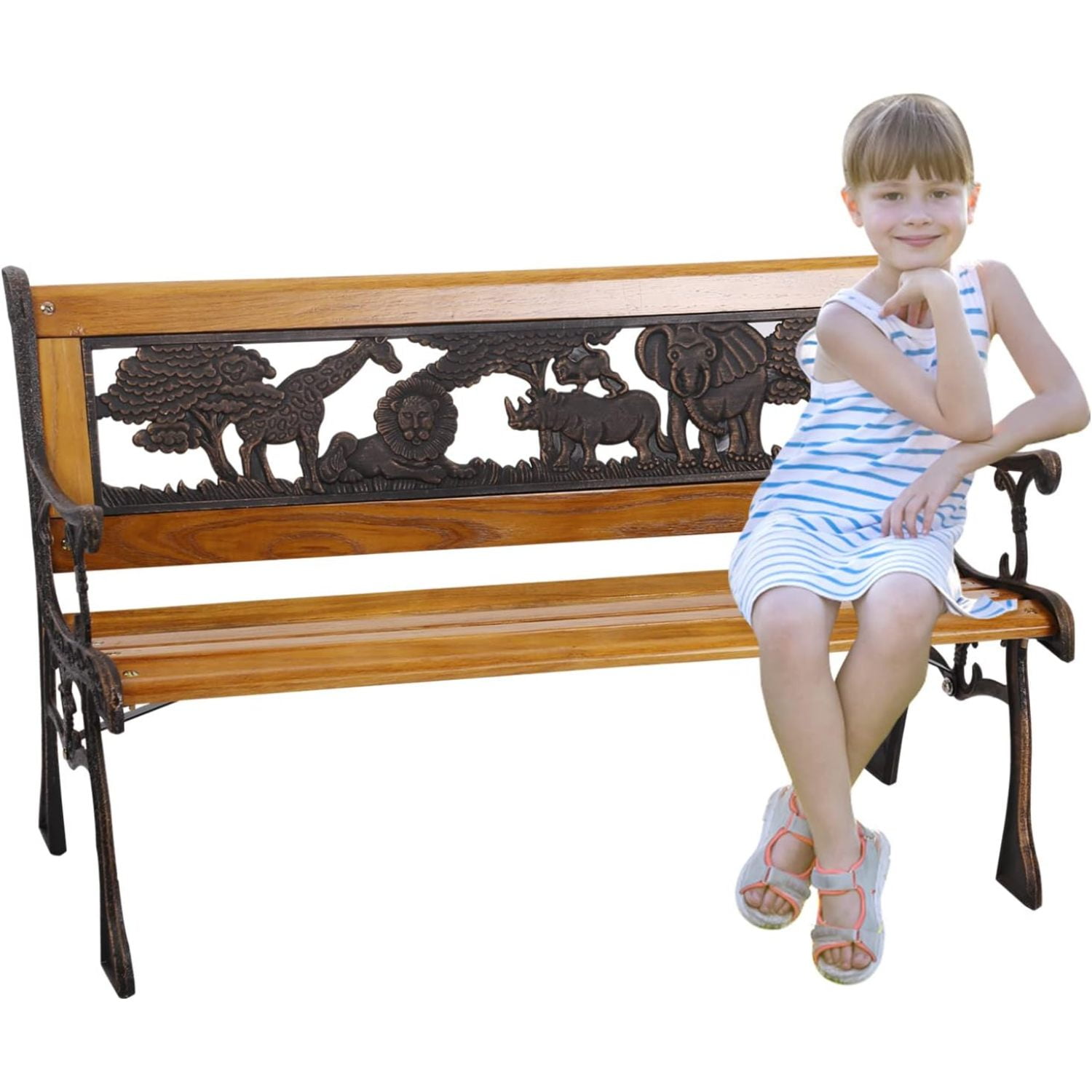 Child Outdoor Bench 32" Wooden Garden Bench with Cast Iron Armrest ...