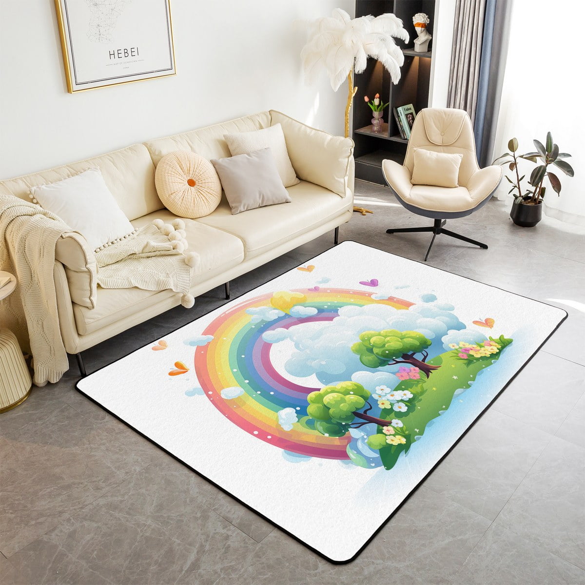 Child Rainbow Carpet Teens Cartoon Cloud Tree Floral Indoor Floor Mat ...