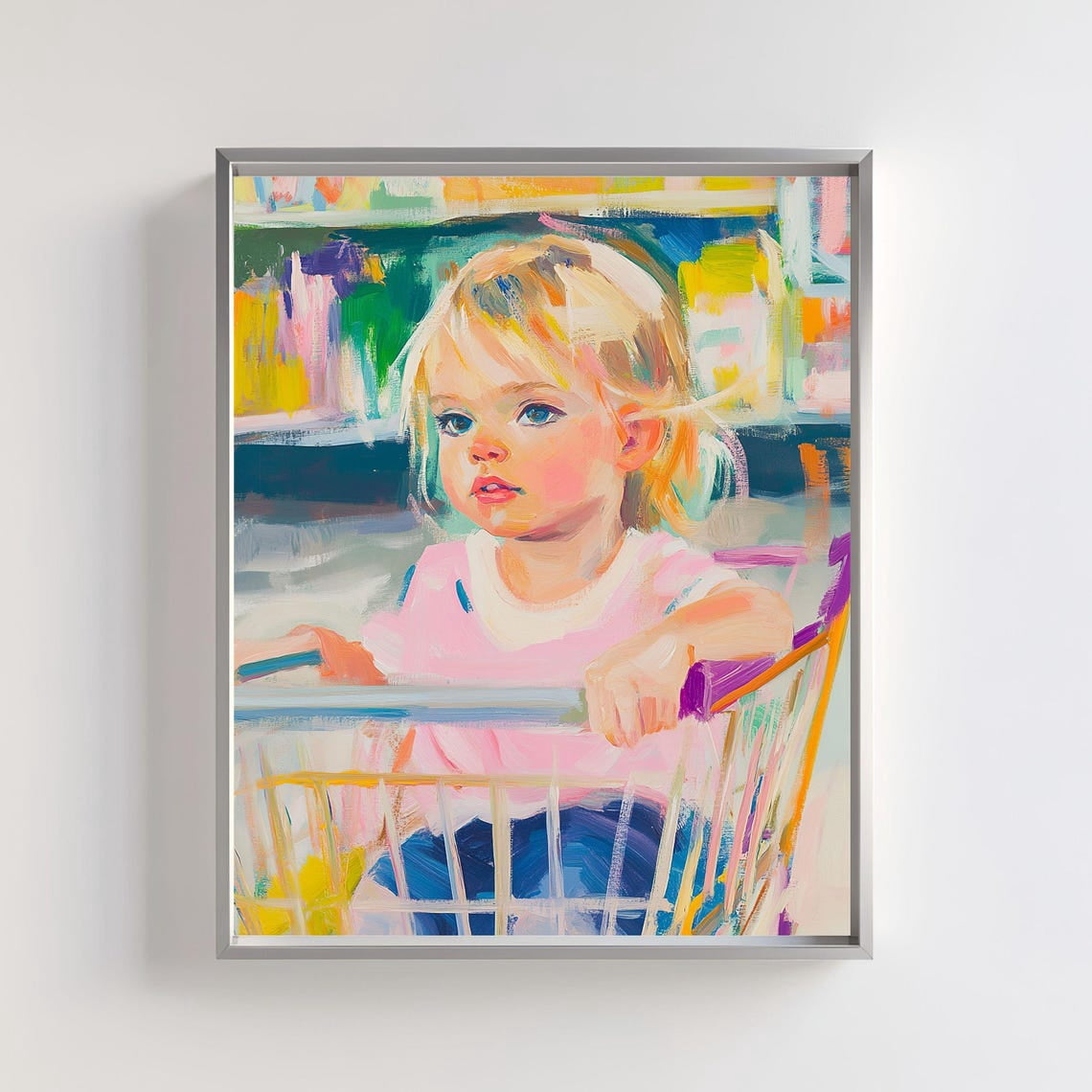 Child In Shopping Cart Art Print, Whimsical Kids Portrait, Playful ...