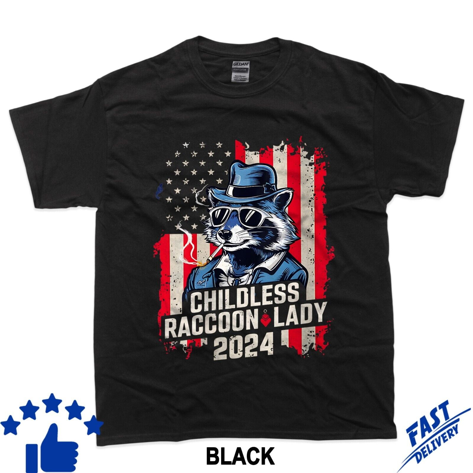 Childless Raccoon Lady Democrat Liberal Election 2024 Raccon USA Flag T ...