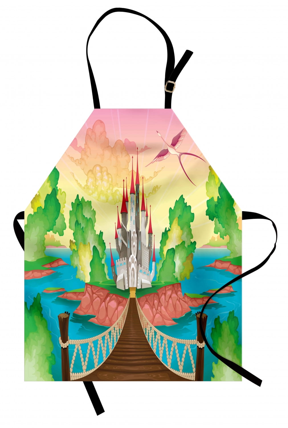 Children Apron Princess Castle above Wooden Bridge and Phoenix Bird ...