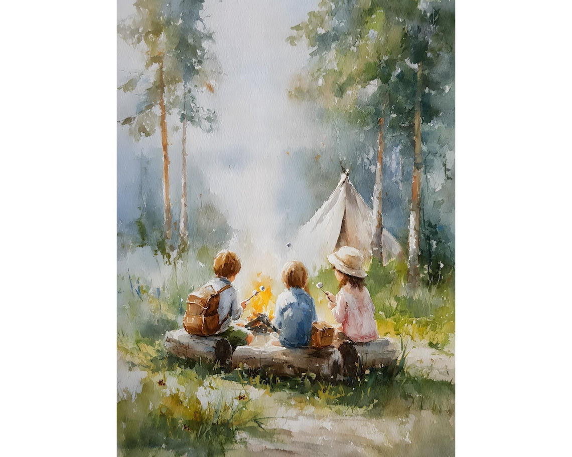 Children Camping Campfire Marshmallow Art Woodland Nursery Decor ...