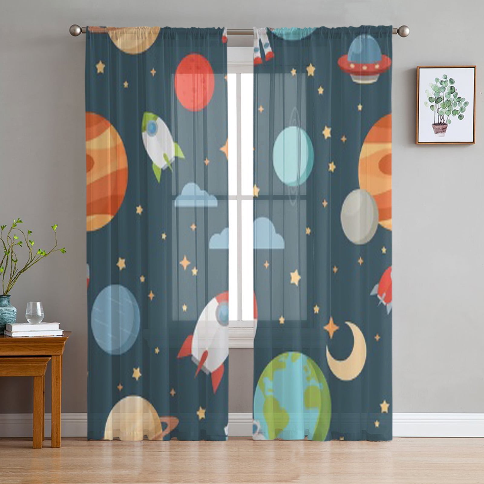 Children Cartoon Space Rockets Planets Stars Universe Night Sky Sheer Curtains for Room Bedroom ...