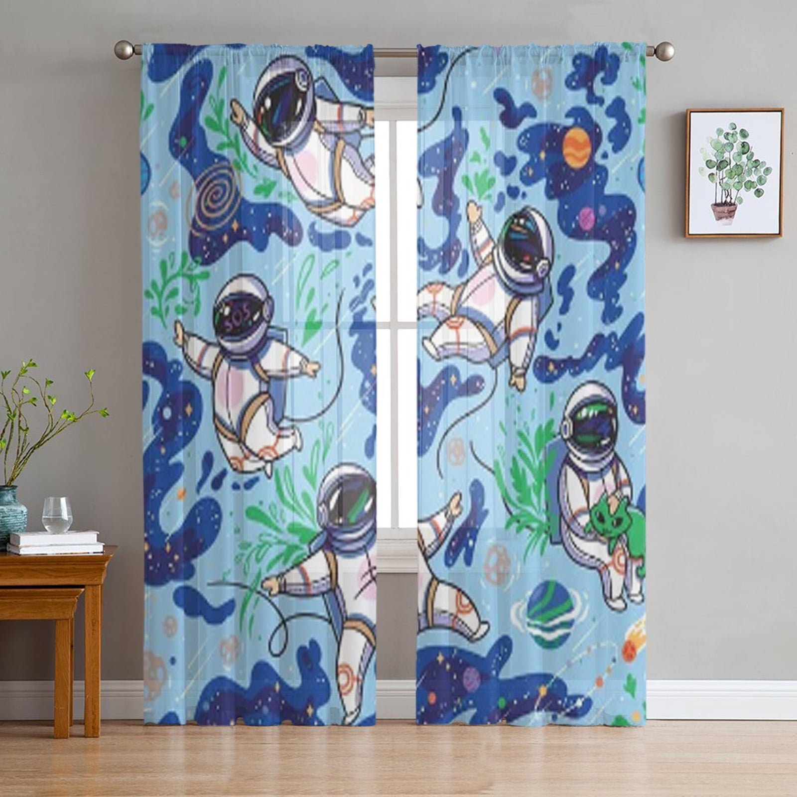 Children Cartoon Space Rockets Planets Stars Universe Night Sky Sheer ...