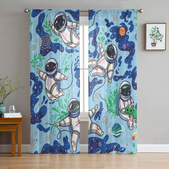 Children Cartoon Space Rockets Planets Stars Universe Night Sky Sheer ...