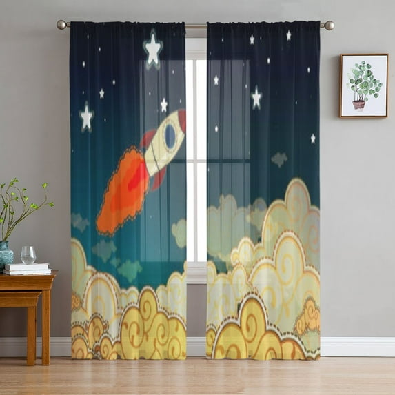 Children Cartoon Space Rockets Planets Stars Universe Night Sky Sheer ...
