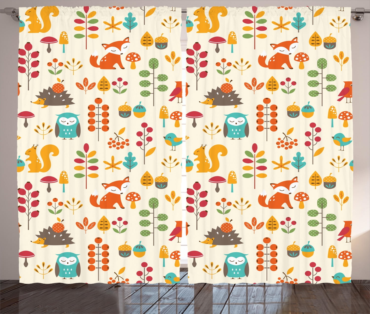 Ambesonne Cartoon Curtains 2 Panel Set, Owl Fox Squirrel Birds, 108" x ...