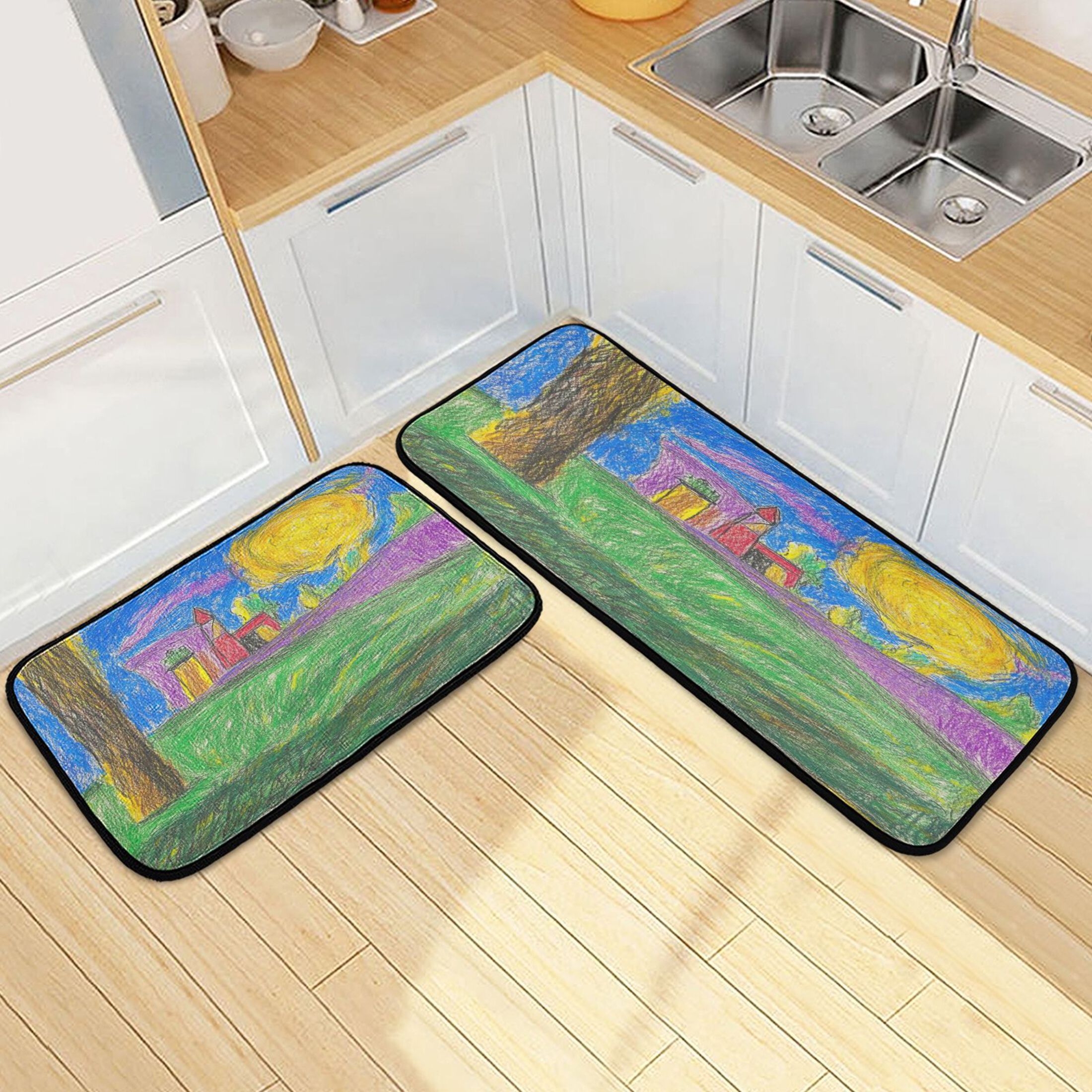 Children Doodle Pattern 2 Piece Non Slip Kitchen Mat Set with Soft ...