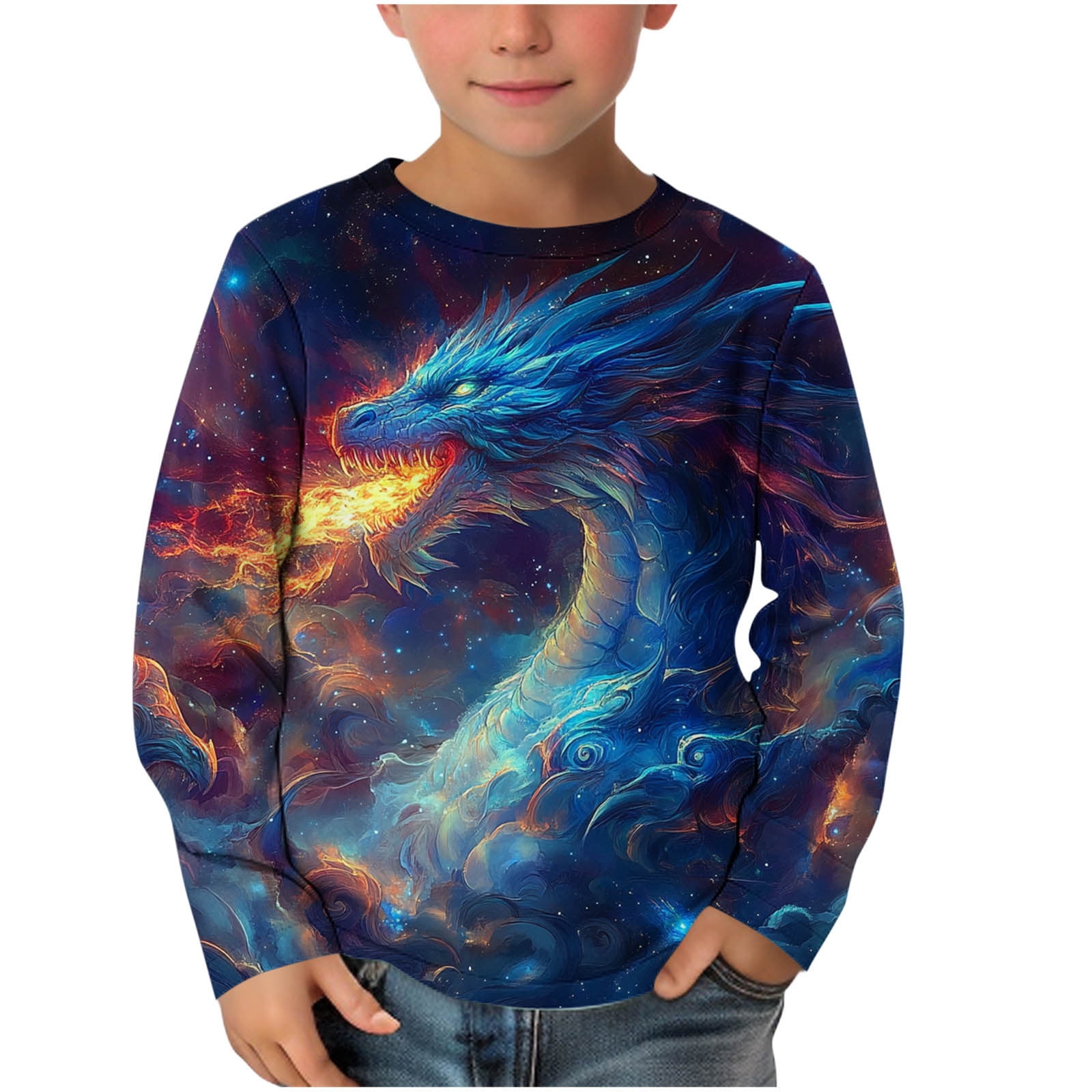 Children Dragon Print Long Sleeve Crewneck Pullover Top Boys Girls Ages ...