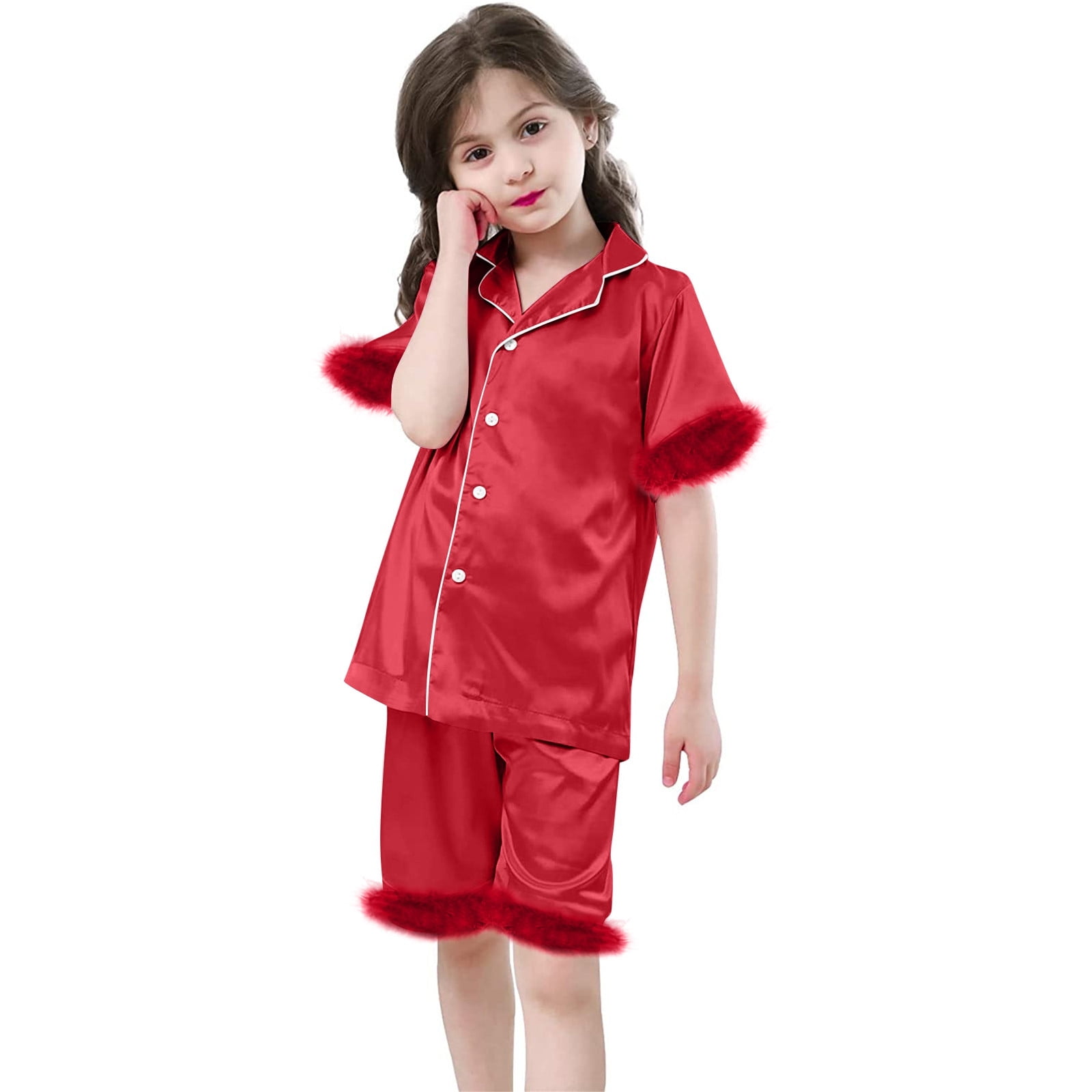 Children Fashion Casual Comfort Pajamas Set Short Sleeve Fuzzy Trim ...
