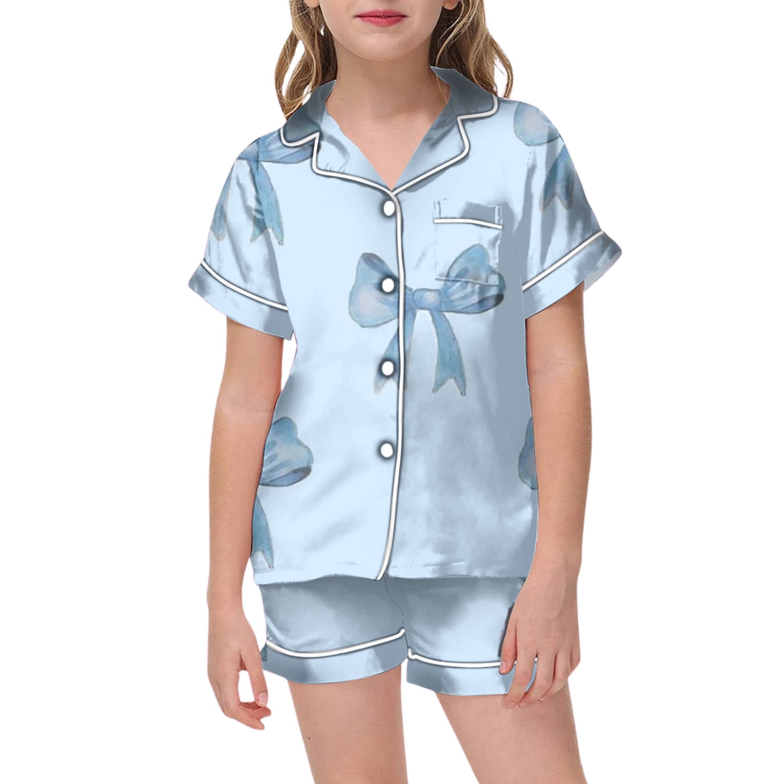 Children Girl Pajamas Set Bow Tie Printed Lapel Collar Short Sleeve ...