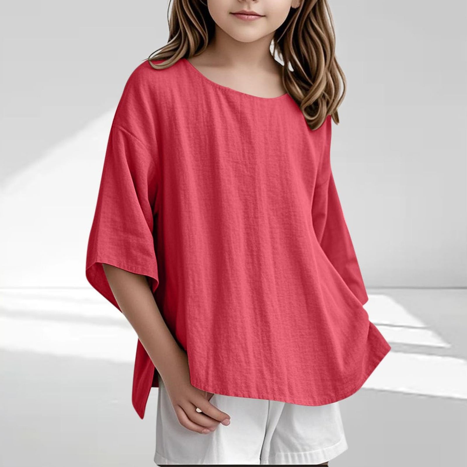 Children Girls' Shirt 3/4 Sleeve Linen Blouse Leisure Top Elegant Top ...