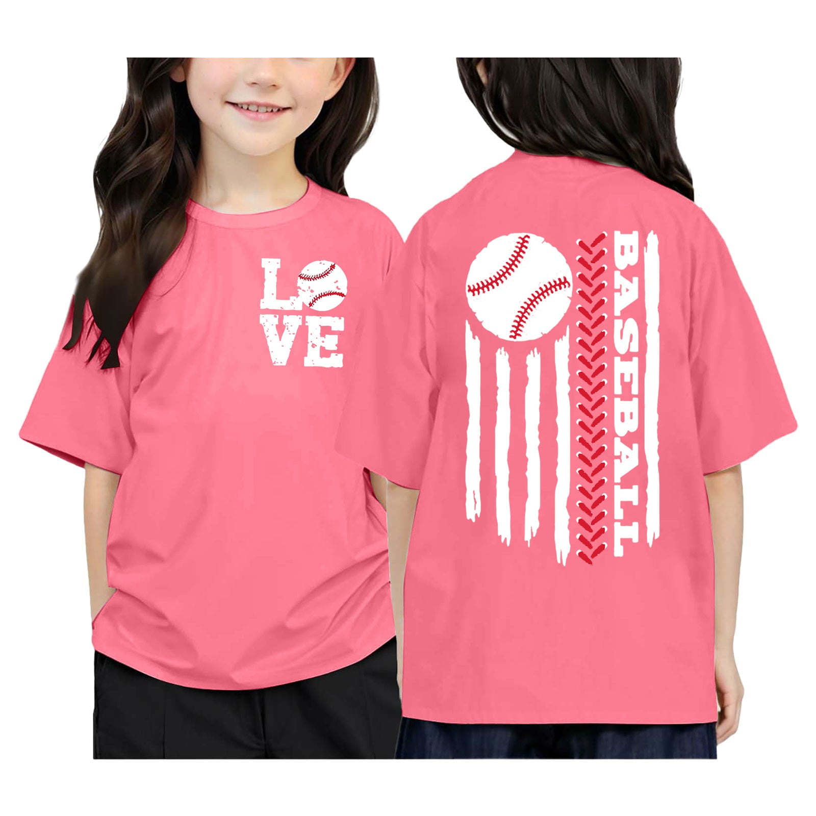 Children Girls Shirts Baby Letter Baseball Printed Round Neck Short ...